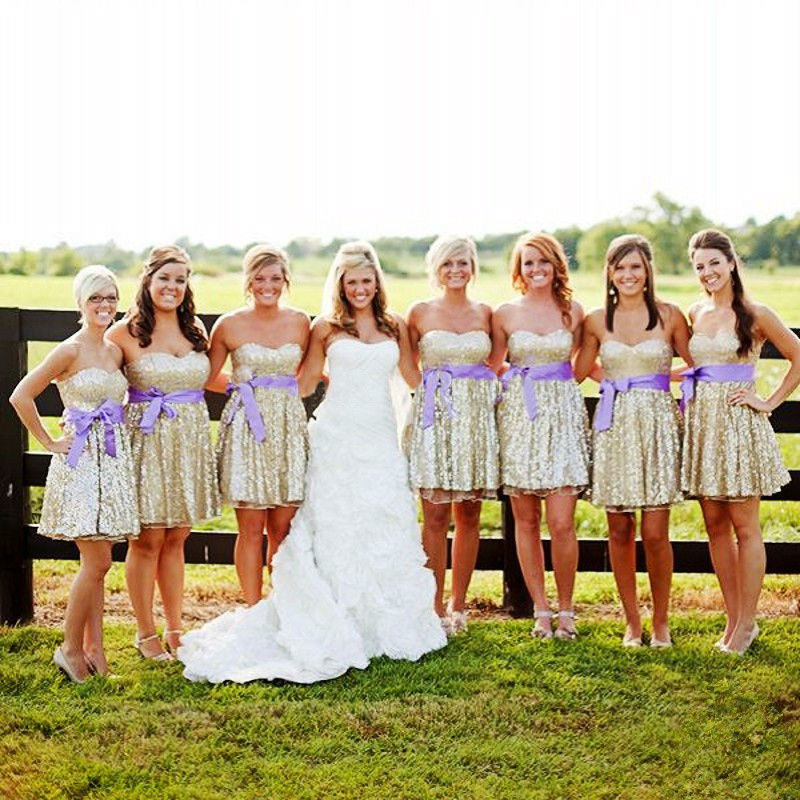 Strapless Short Gold Sequins Prom Dresses Wedding Party Gowns ...